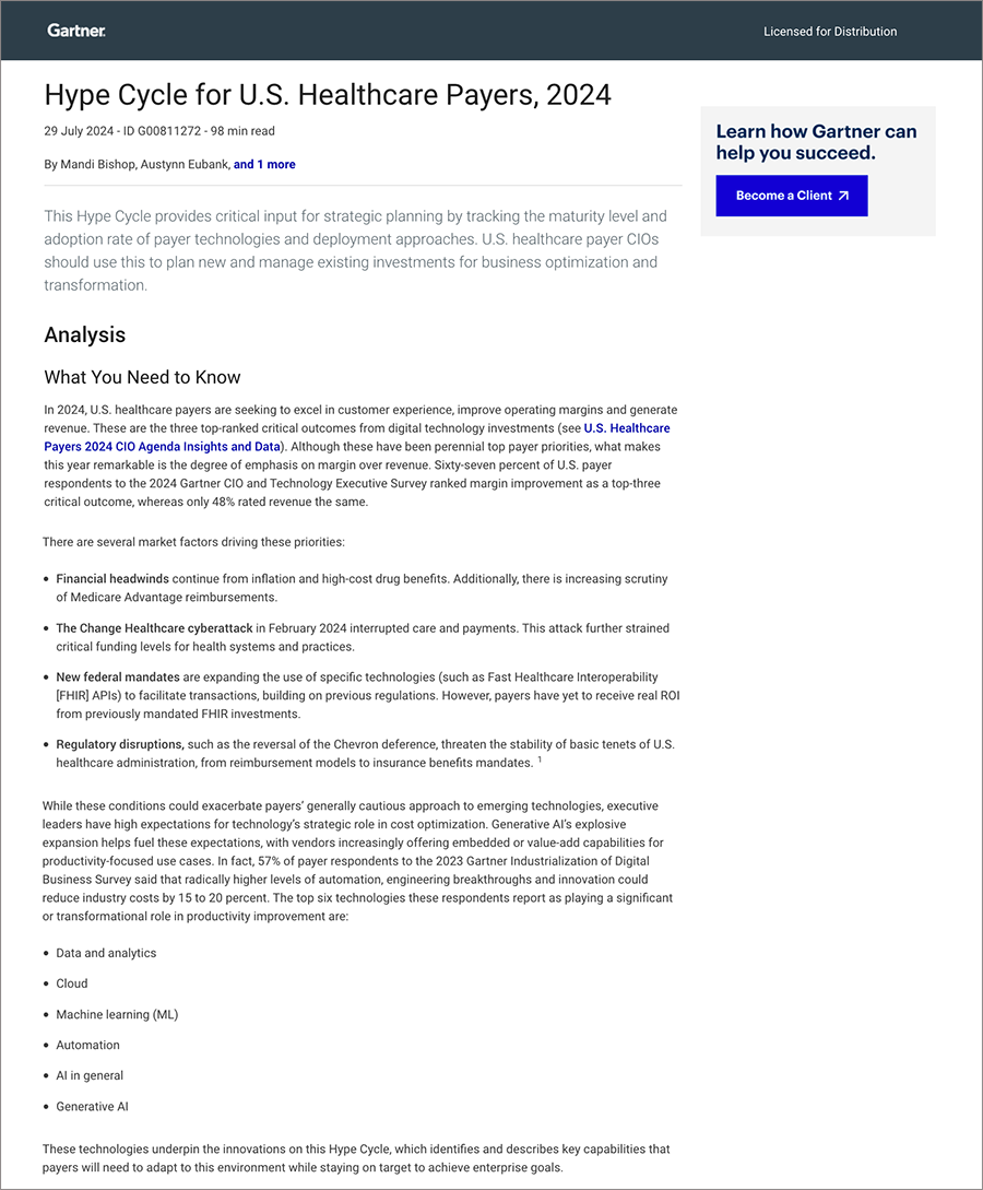 Access the Research, Hype Cycle(TM) for U.S. Healthcare Payers, 2024